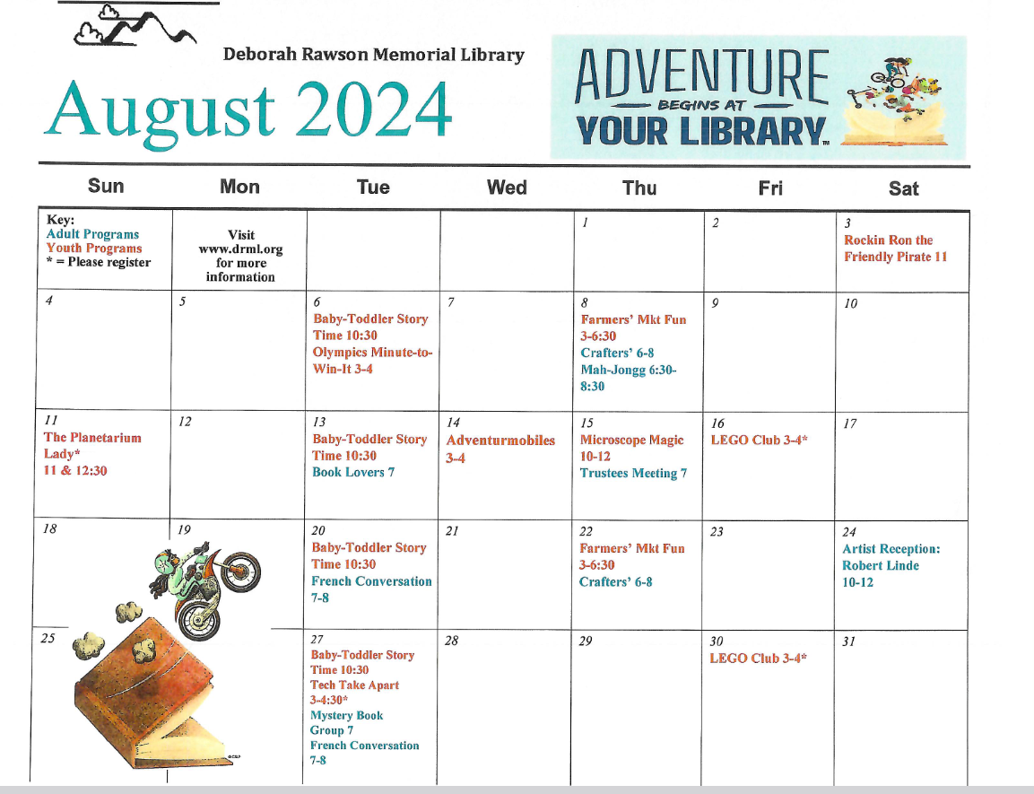 Deborah Rawson Memorial Library August 2024 Calendar and Newsletter